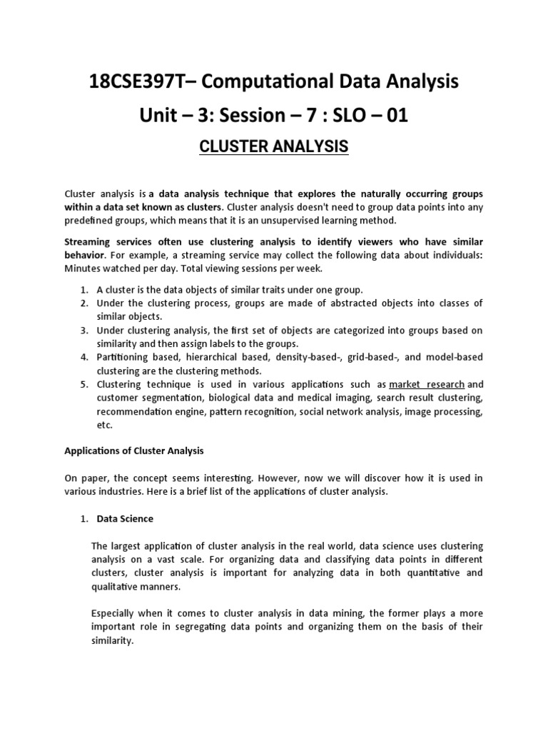 18CSE397T - Computational Data Analysis Unit - 3: Session - 7: SLO - 01 | PDF