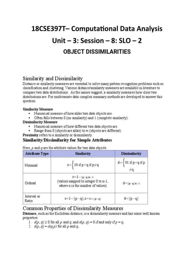 18CSE397T - Computational Data Analysis Unit - 3: Session - 8: SLO - 2 | PDF | Distance ...