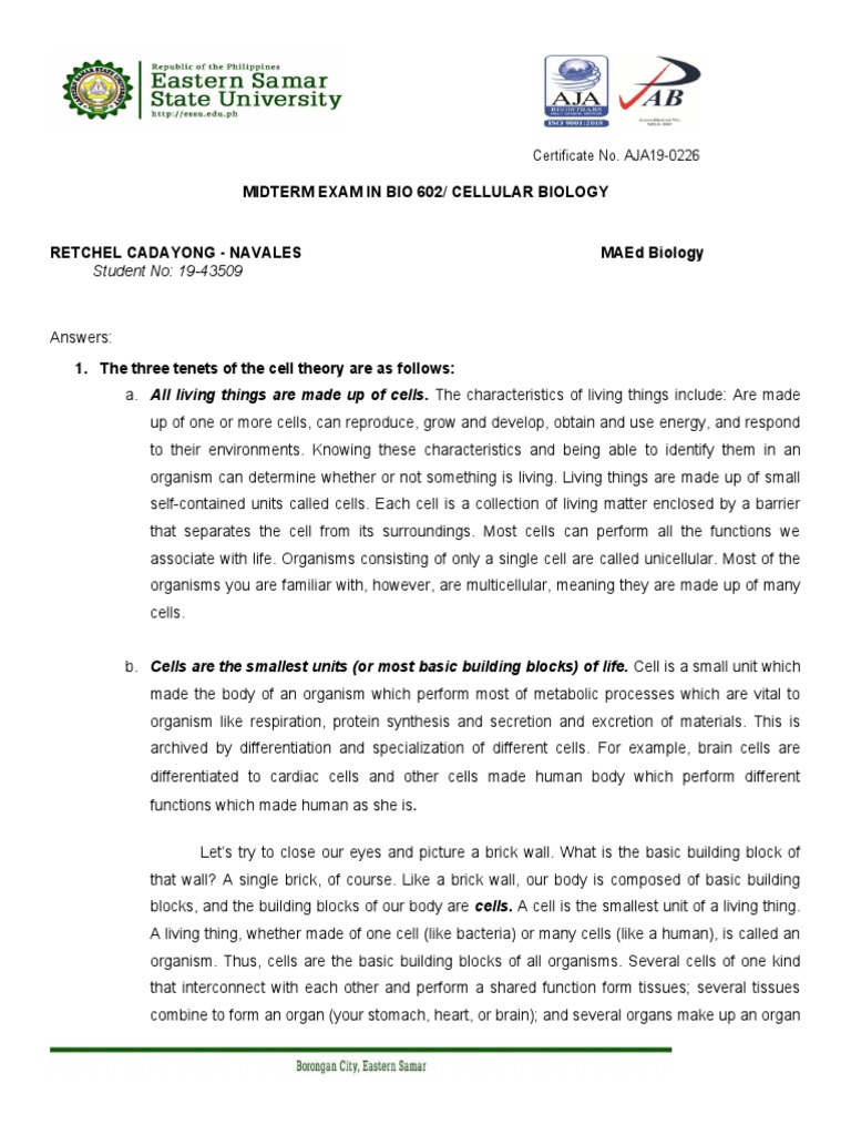 Midterm Exam in Cell Biology | PDF | Cell Membrane | Cell (Biology)