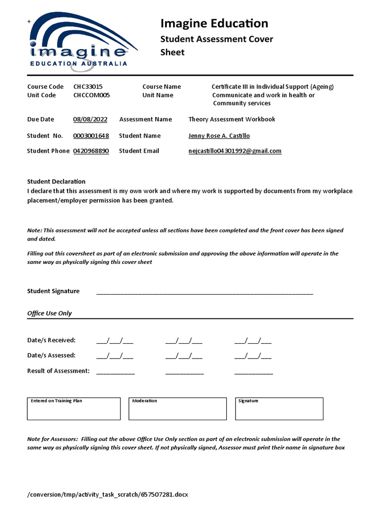 Imagine Education: Student Assessment Cover Sheet | PDF | Communication ...