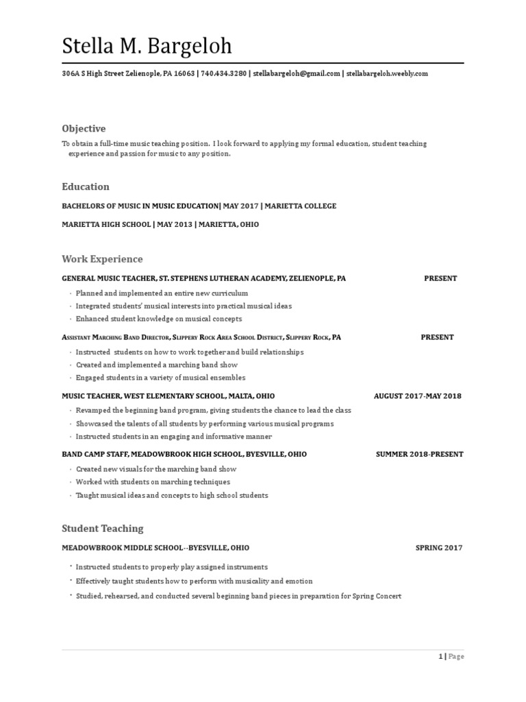 Stella Bargeloh Resume | PDF | Music Education | Teachers