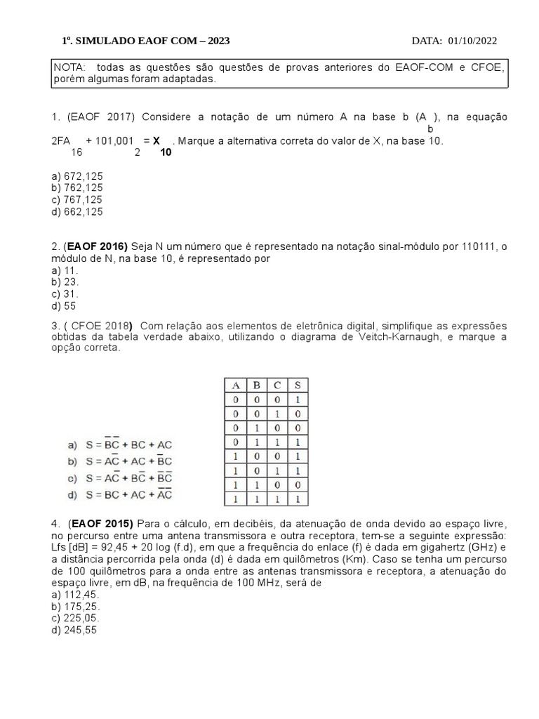 1o Simulado de Provas do EAOF COM - 2022 com 10 Questões Objetivas ...