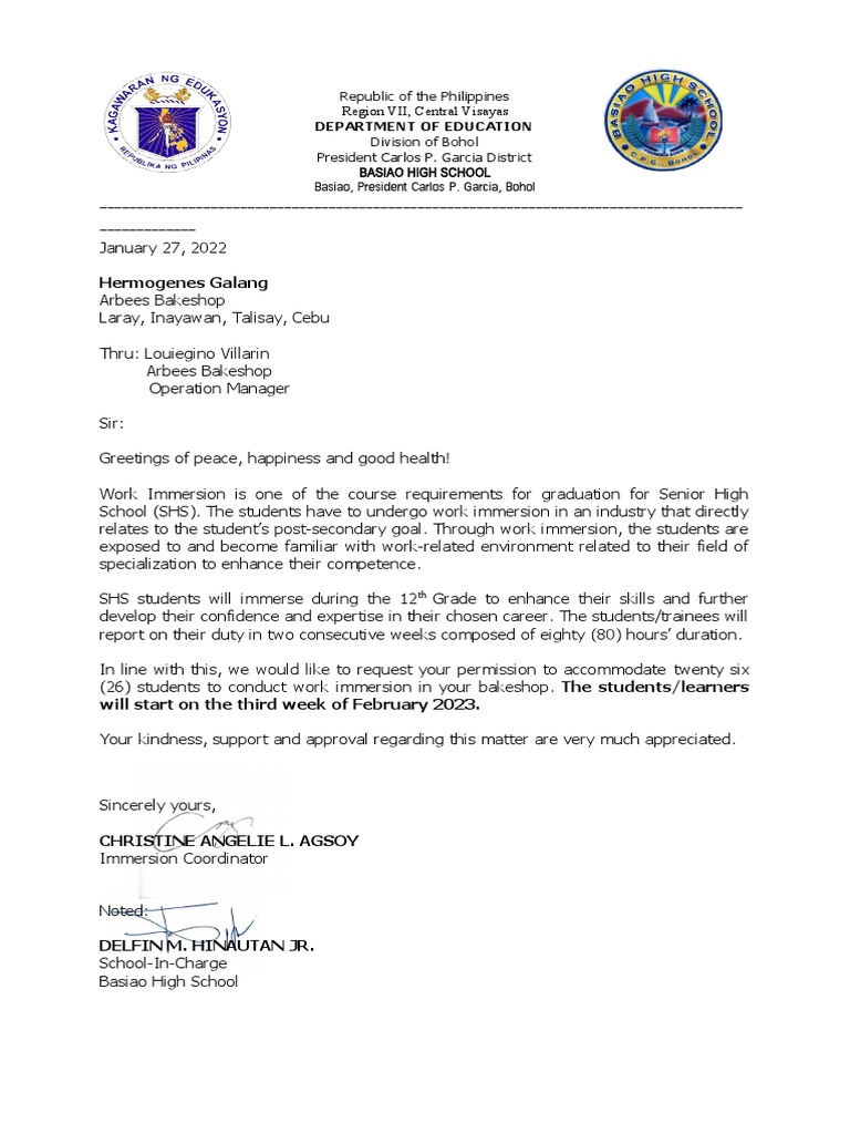 Request Letter For Work Immersion | PDF | Philippines