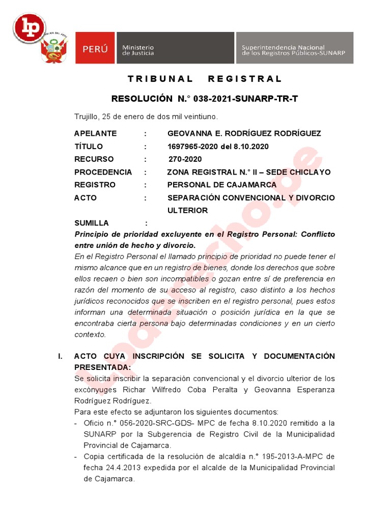 PRIORIDAD EXCLUYENTE DIVORCIO VS UNIÓN DE HECHOResolucion-038-2021-SUNARP-TR-T | PDF | Propiedad ...