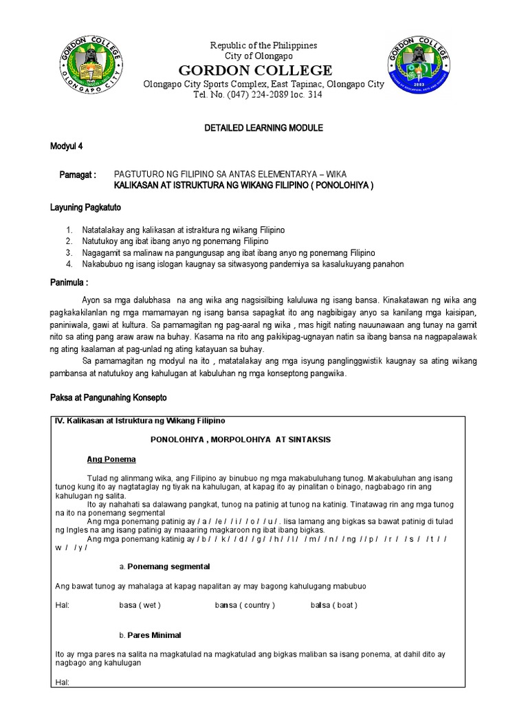 Gordon College: IV. Kalikasan at Istruktura NG Wikang Filipino ...