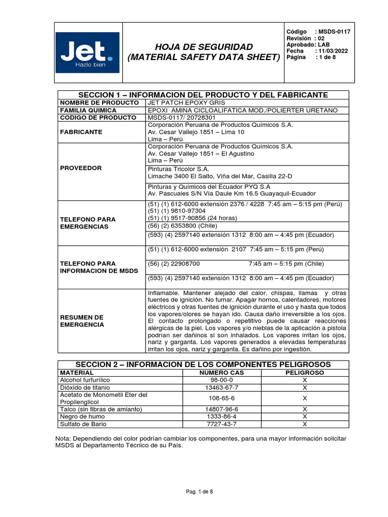 MSDS-0117 Jet Patch Epoxy | PDF | Agua | Dióxido de carbono