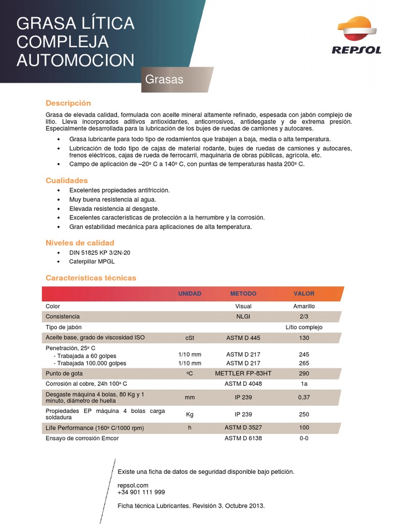 Ficha T Grasa Litica Automocion Repsol | PDF | Lubricante | Fricción
