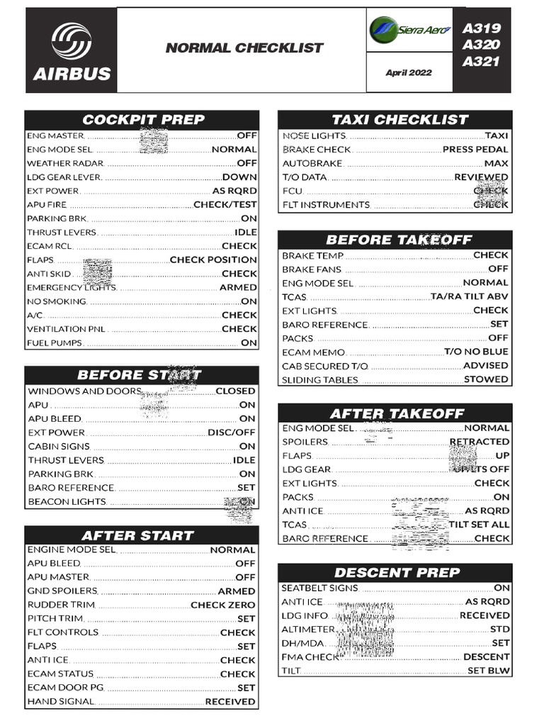 A319.20.21 Checklist Sierra | PDF | Takeoff | Transport Safety