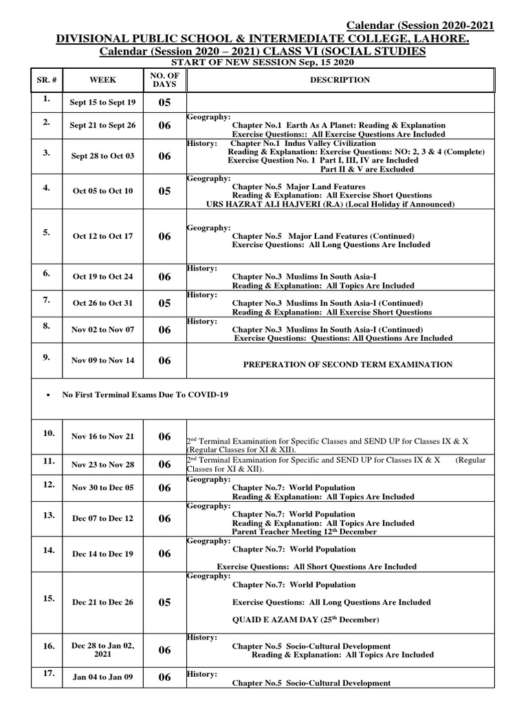 Calendar (Session 2020-2021 Divisional Public School & Intermediate College, Lahore Calendar ...