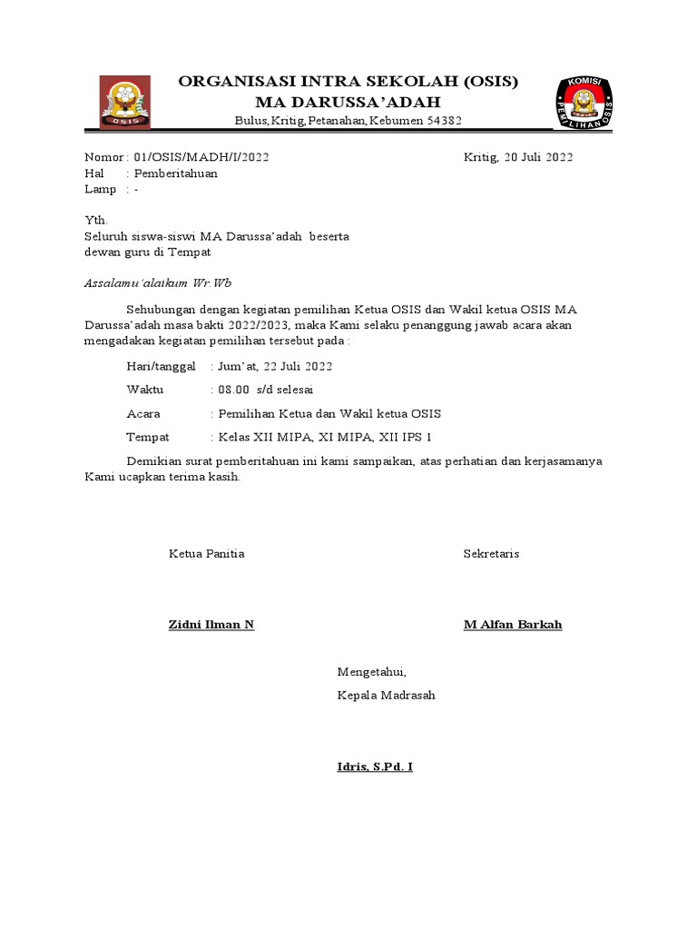 Surat Pemberitahuan Pemilihan Ketua OSIS | PDF