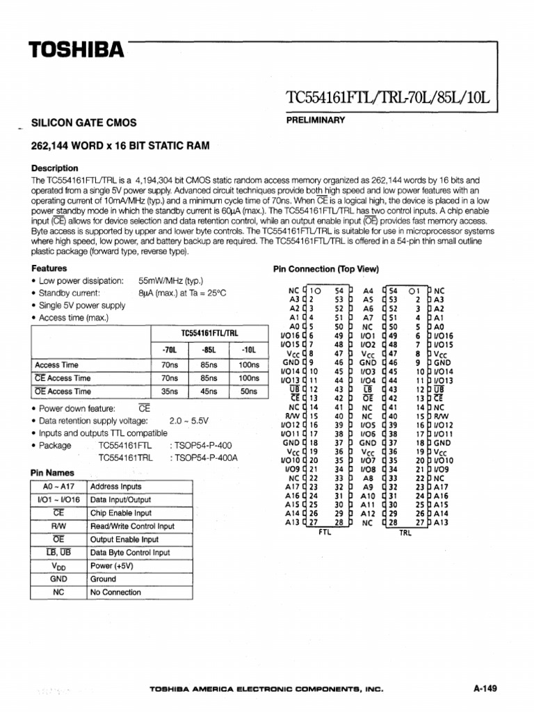 Toshiba TC554161 16-Bit Static RAM | PDF | Cmos | Power Supply