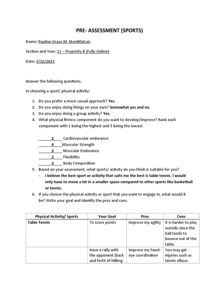 Montifalcon PEH Pre-Assessment Sports | PDF | Table Tennis | Sports