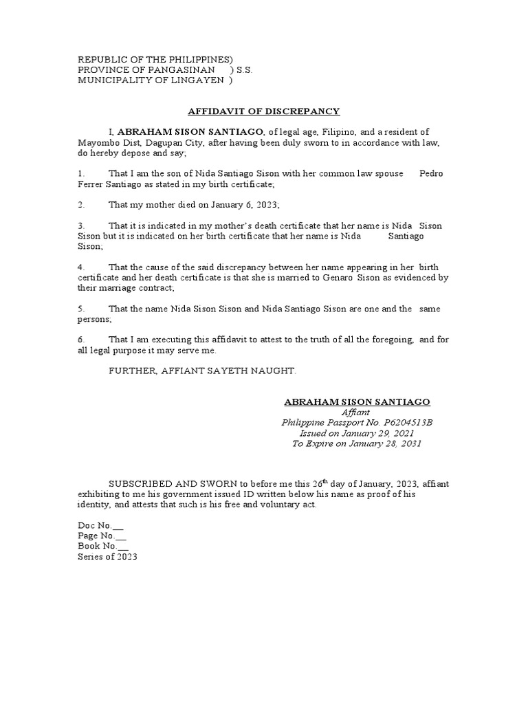 Affidavit of Discrepancy Sample | PDF