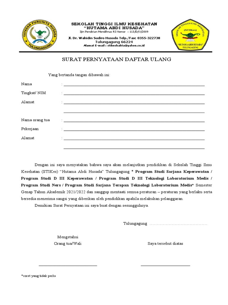 SURAT PERNYATAAN DAFTAR ULANG.docx | PDF