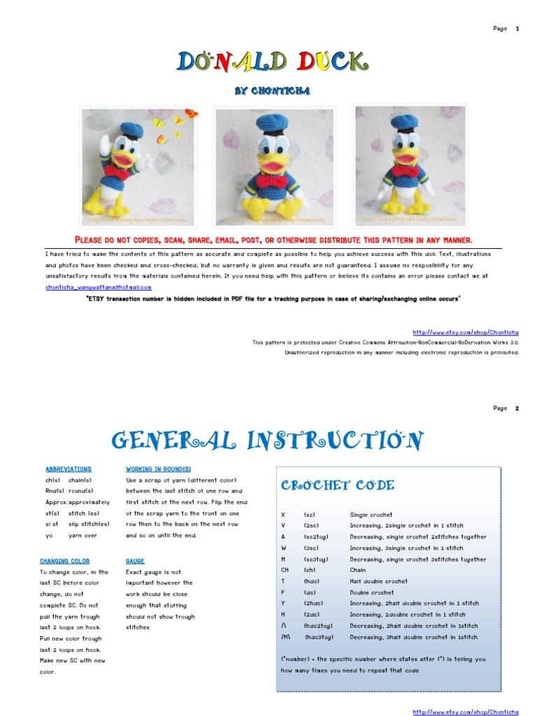 Amigurumi Donald Duck Crochet Pattern | PDF | Crochet | Textile Arts