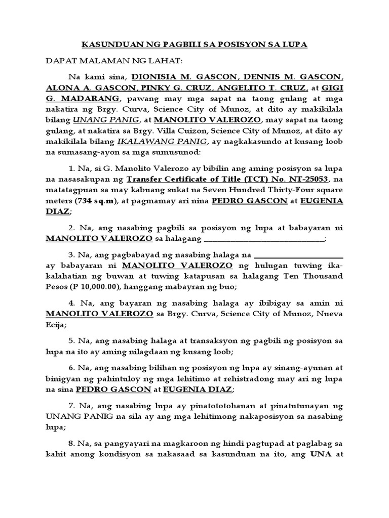 Kasunduan NG Pagbili Sa Posisyon Sa Lupa | PDF