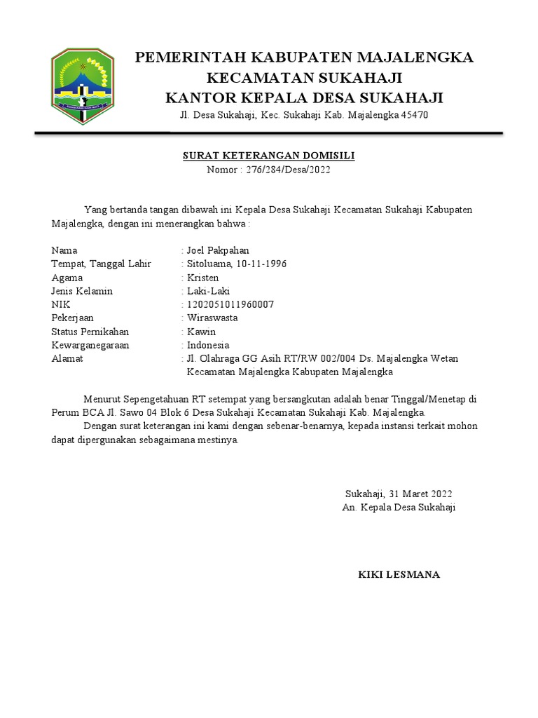 Surat Keterangan Domisili Sukahaji | PDF