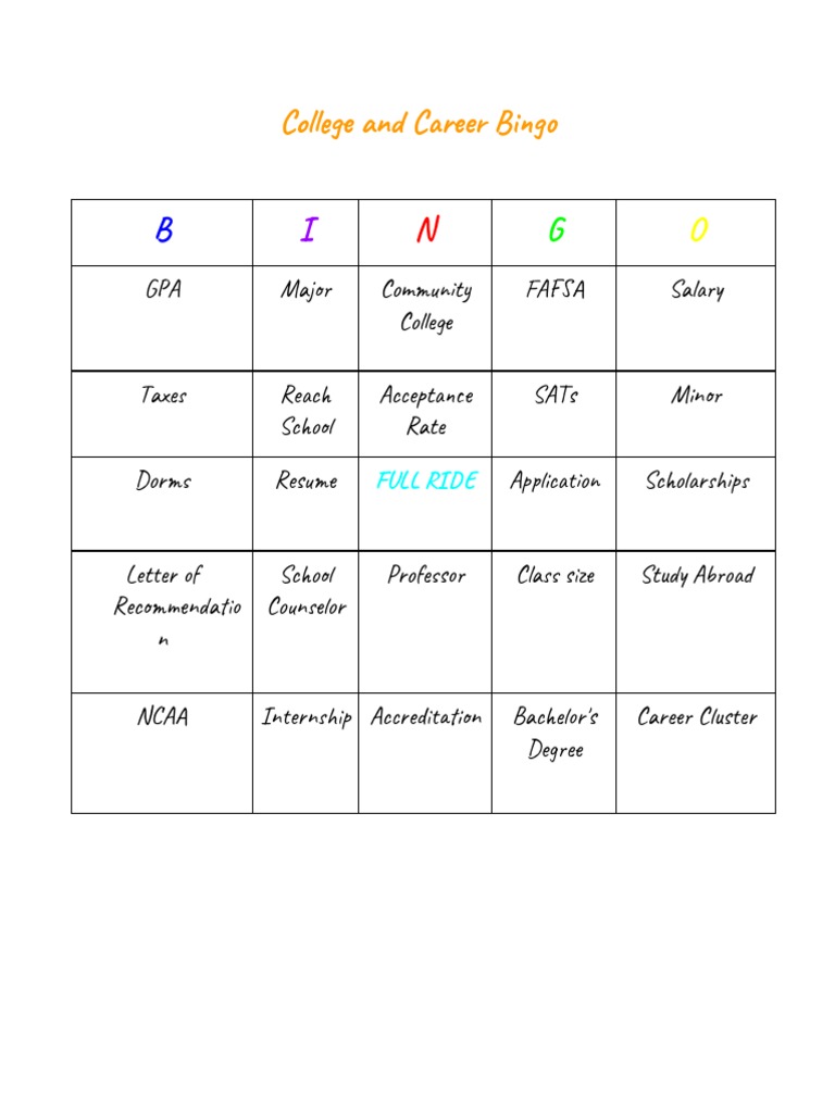 College and Career Bingo: Full Ride | PDF | Student Financial Aid In ...