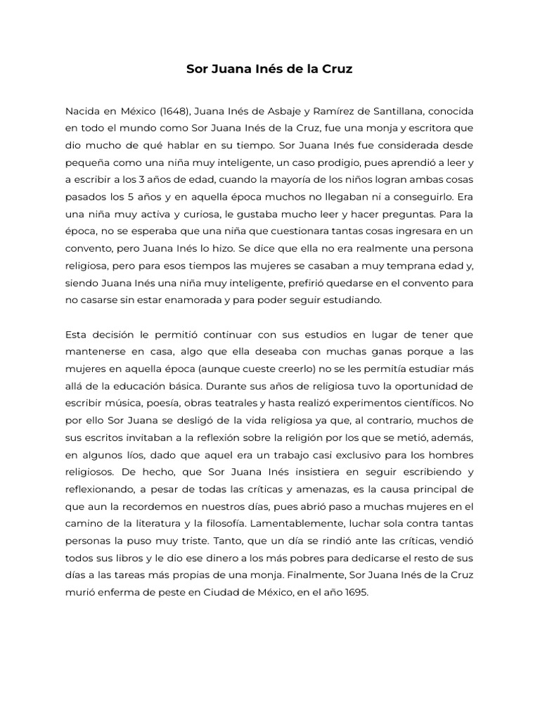 Biografía Sor Juana Inés de La Cruz | PDF
