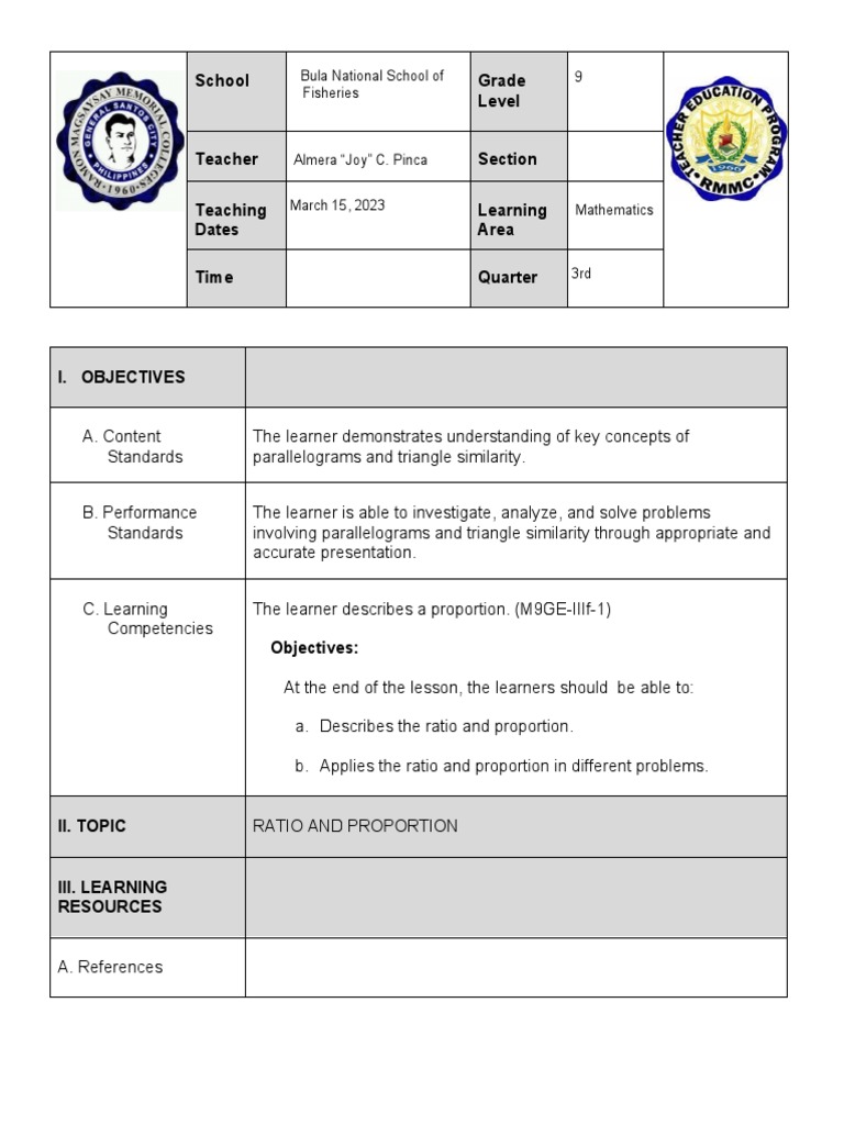 LESSON 5 Q3 W5 RMMC LOGO Proportion Final 1 | PDF | Ratio | Teachers