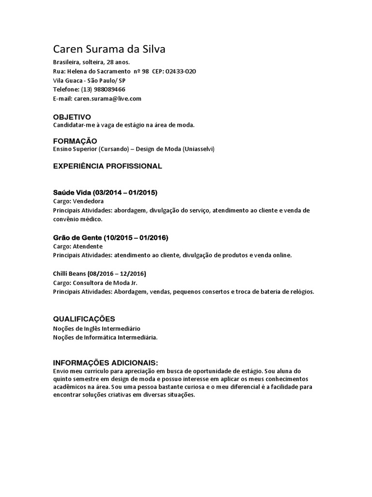 Candidatura de Caren Surama a Estágio em Moda | PDF | Carreira e ...
