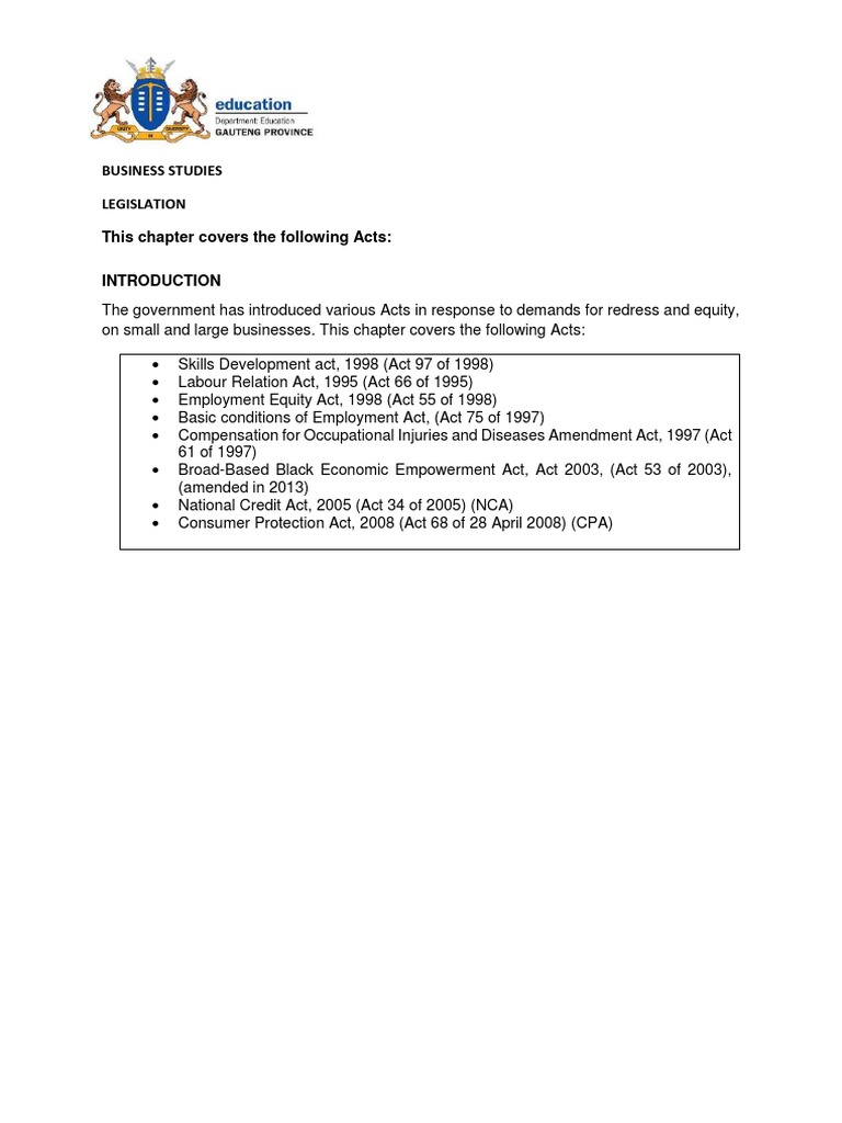 Business Studies Legislation This Chapter Covers The Following Acts ...