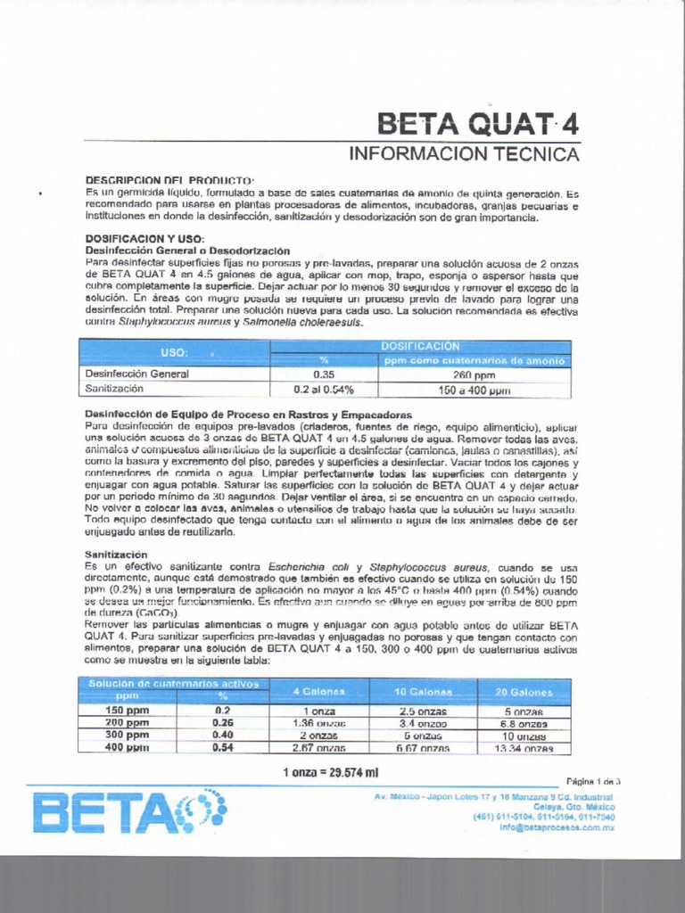 BETA QUAT 4 FICHA TEC | PDF
