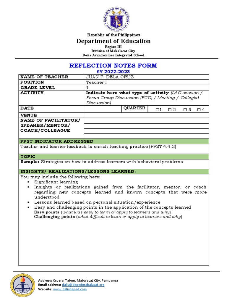 Department of Education: Reflection Notes Form | PDF | Teachers | Learning