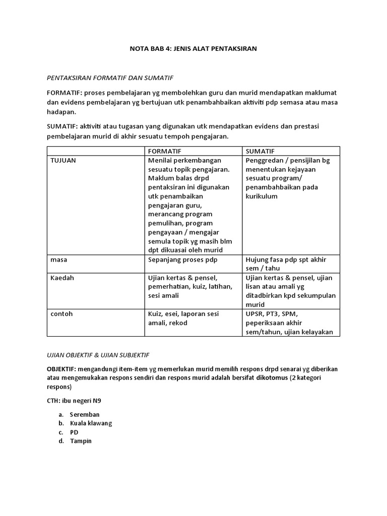 Nota Bab 4 Jenis Alat Pentaksiran | PDF