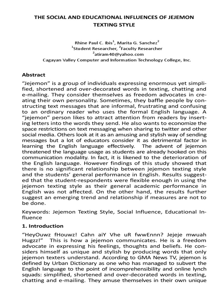 The Social and Educational Influences of Jejemon Texting Style | PDF ...