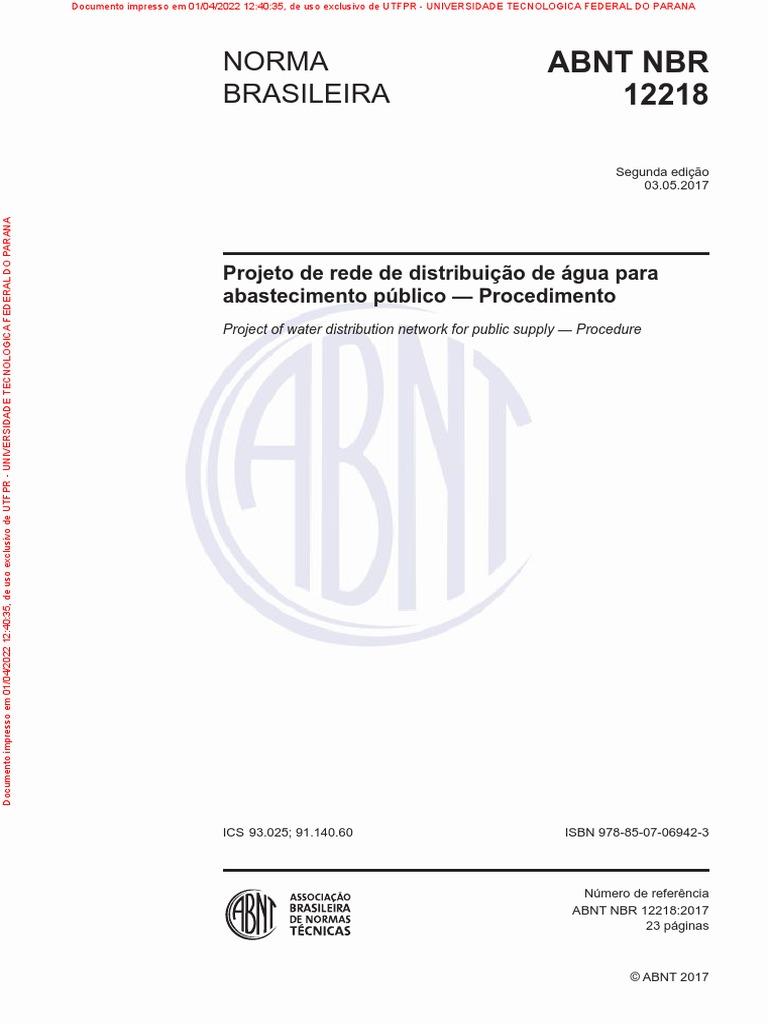 NBR 12218 - 2017 - Projeto Distribuicao de Agua para Abastecimento Publico | PDF | Pressão