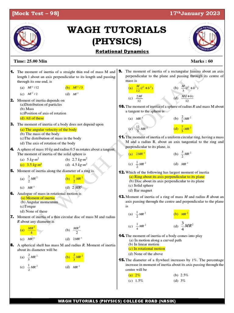 Mock Test - 98 (17 Jan 2023) Rotational Dynamics | PDF | Rotation ...