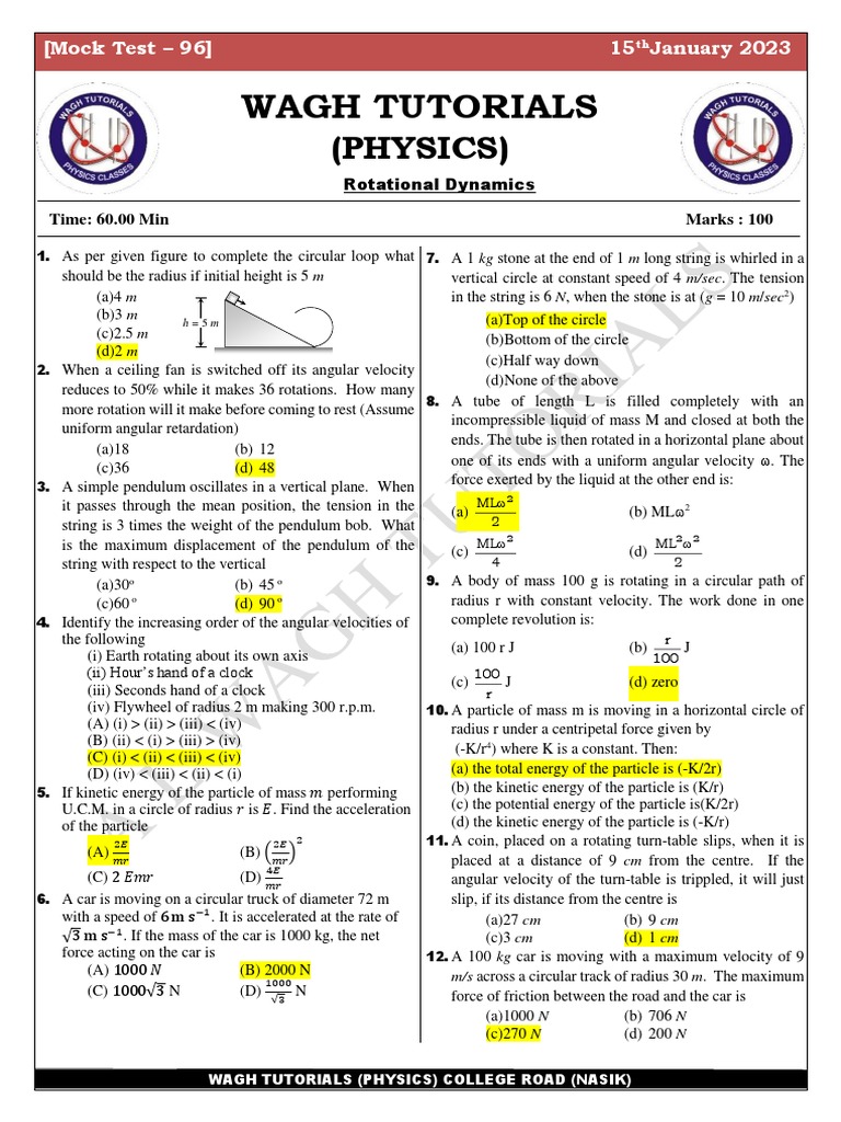 Rotational Dynamics Mock Test 96 | PDF | Rotation Around A Fixed Axis ...