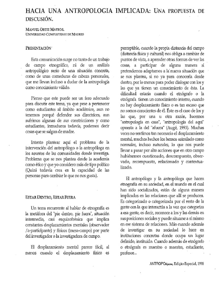 Hacia Una Antropologia Implicada:: Propuesta de Discusi N | PDF | Antropología | Etnografía
