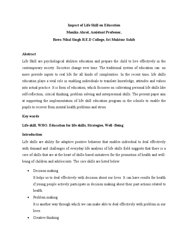 Impact of Life Skill On Education | PDF | Teachers | Life Skills