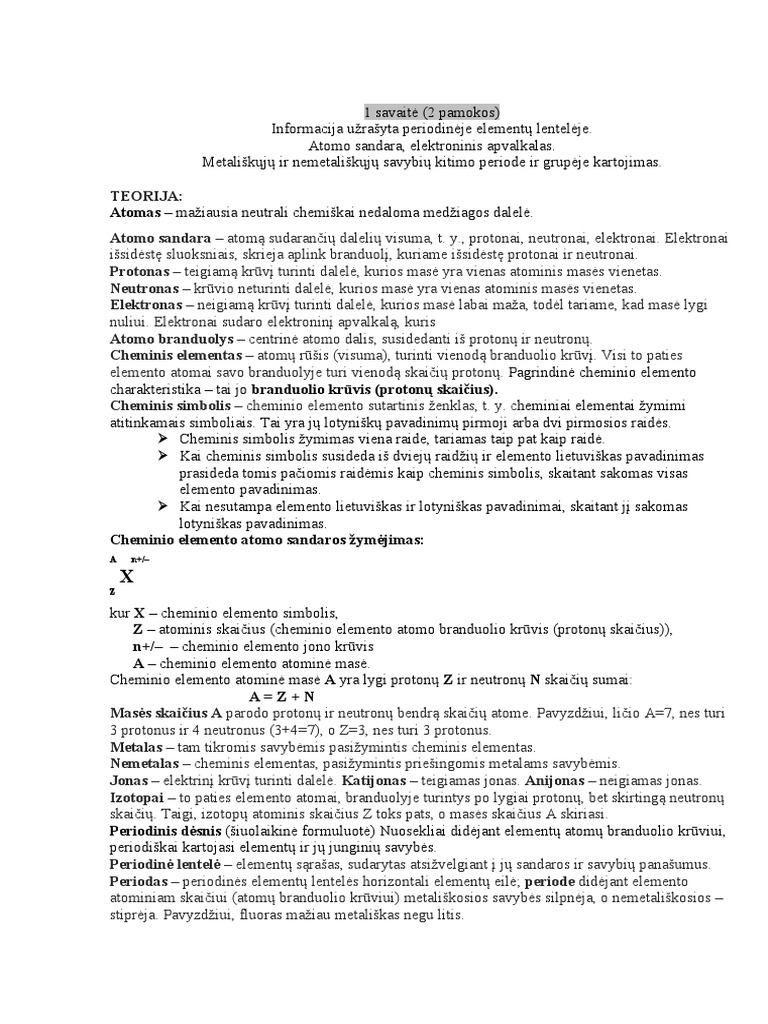 1 - Savaite - Periodine Elementu Lentele - Kartojimas | PDF