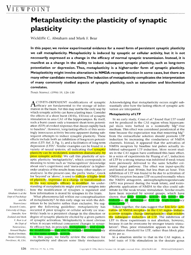 Abraham Et Al 1996 (Metaplasticity) | PDF | Synaptic Plasticity | Long ...