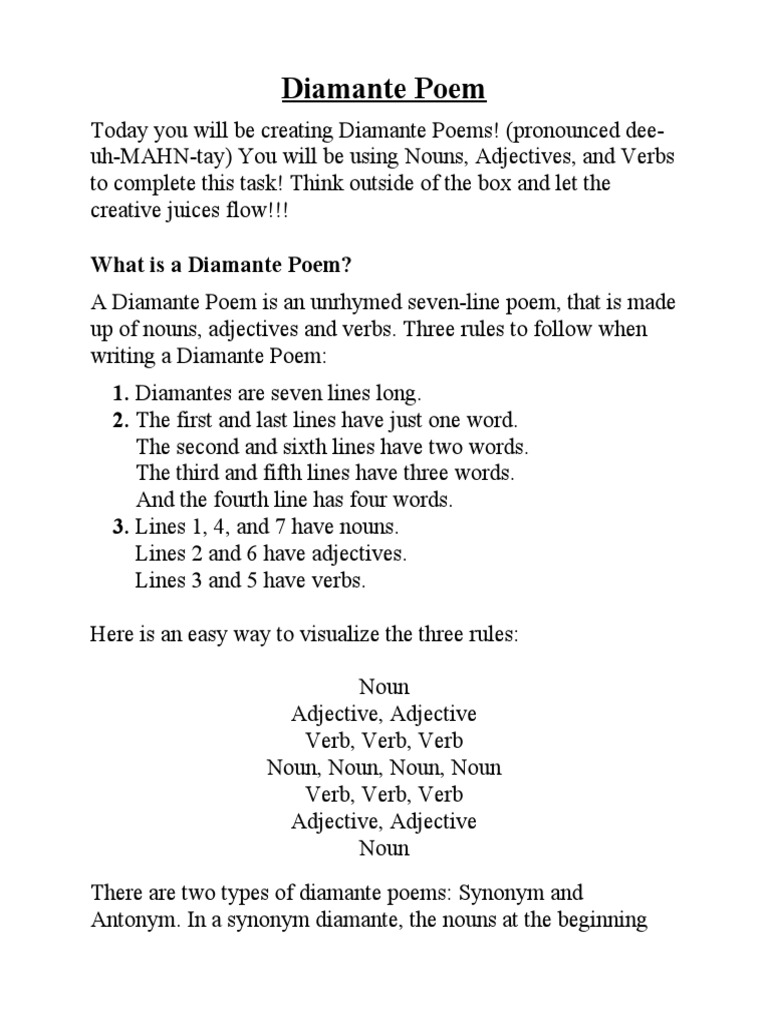 Diamante Poem Assignment Sheet | PDF | Adjective | Noun