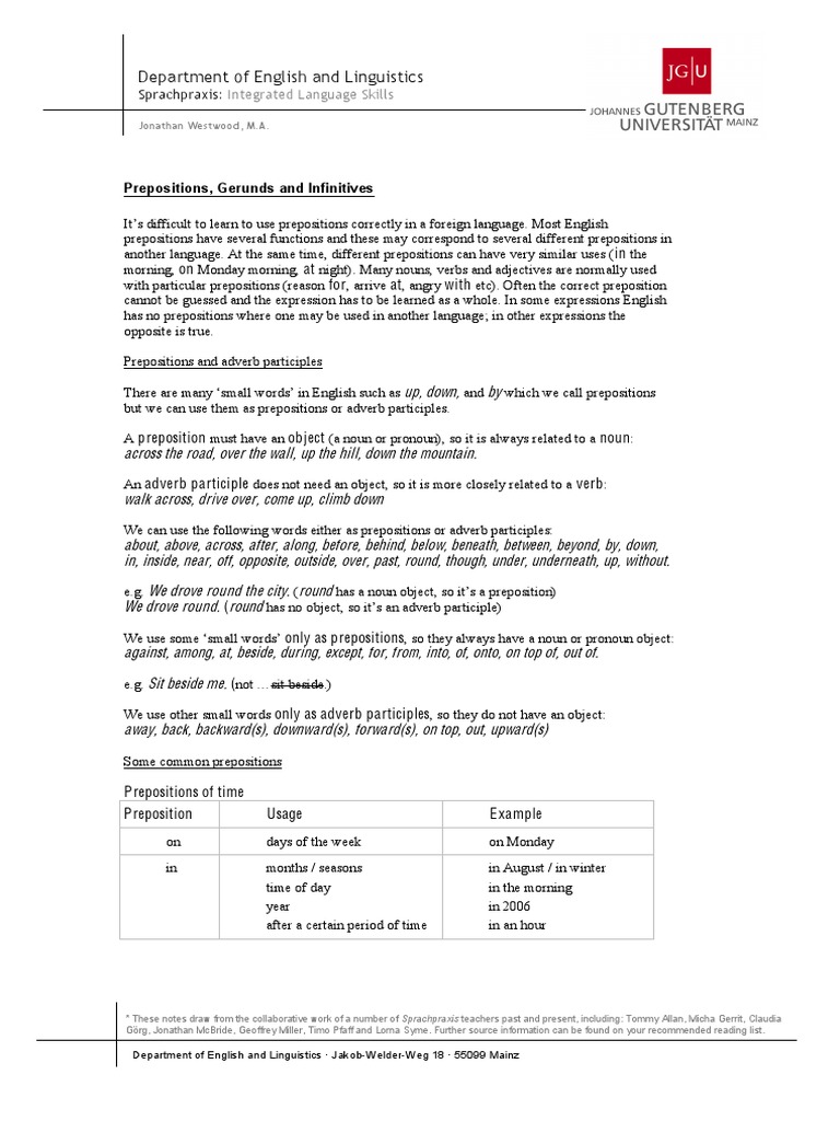 Prepositions, Gerunds and Inifinitives Handout | PDF | Preposition And ...