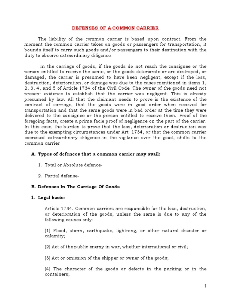 Defenses of A Common Carrier Reading Guide and Assignment | PDF ...