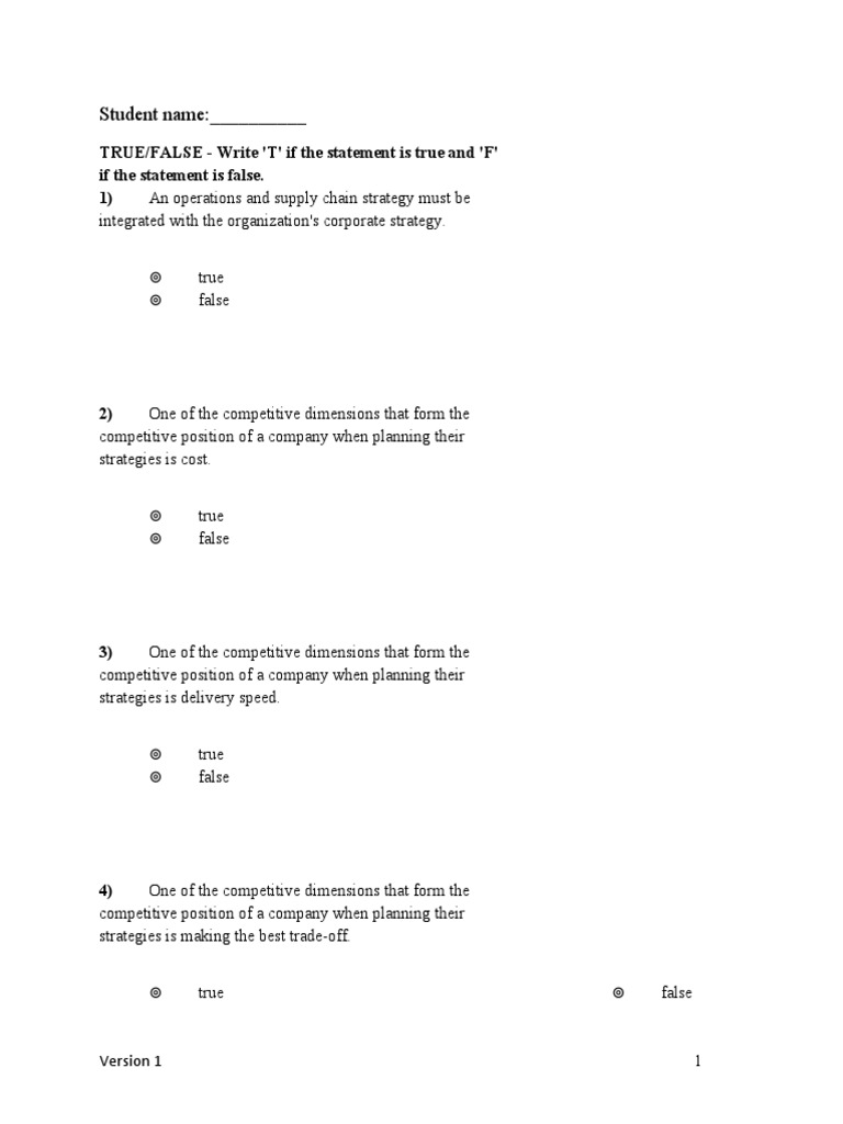 Operations Strategy True/False Quiz | PDF | Sustainability | Strategic ...