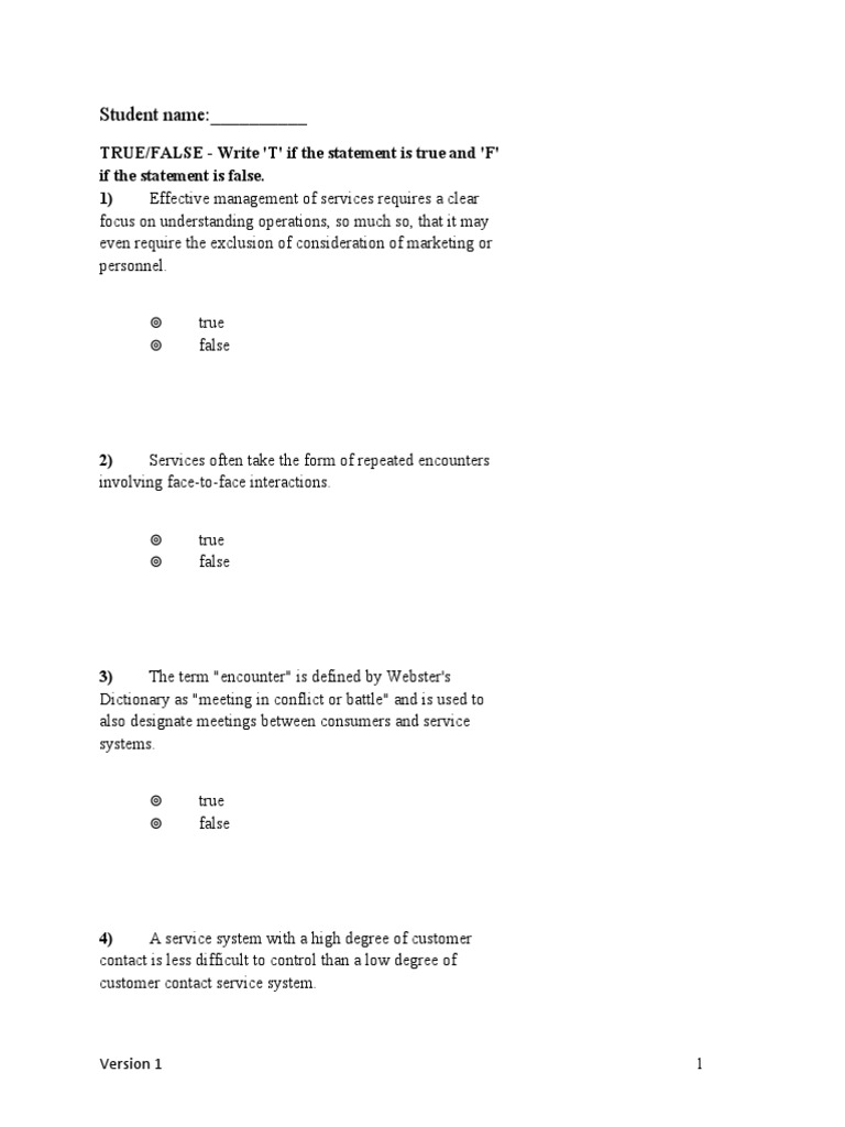Student Name: - : TRUE/FALSE - Write 'T' If The Statement Is True and 'F' If The Statement Is ...
