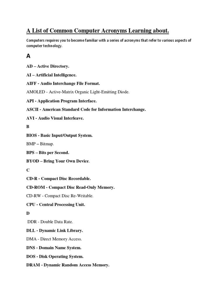 A List of Common Computer Acronyms Learning About | PDF | Computer Network | Random Access Memory