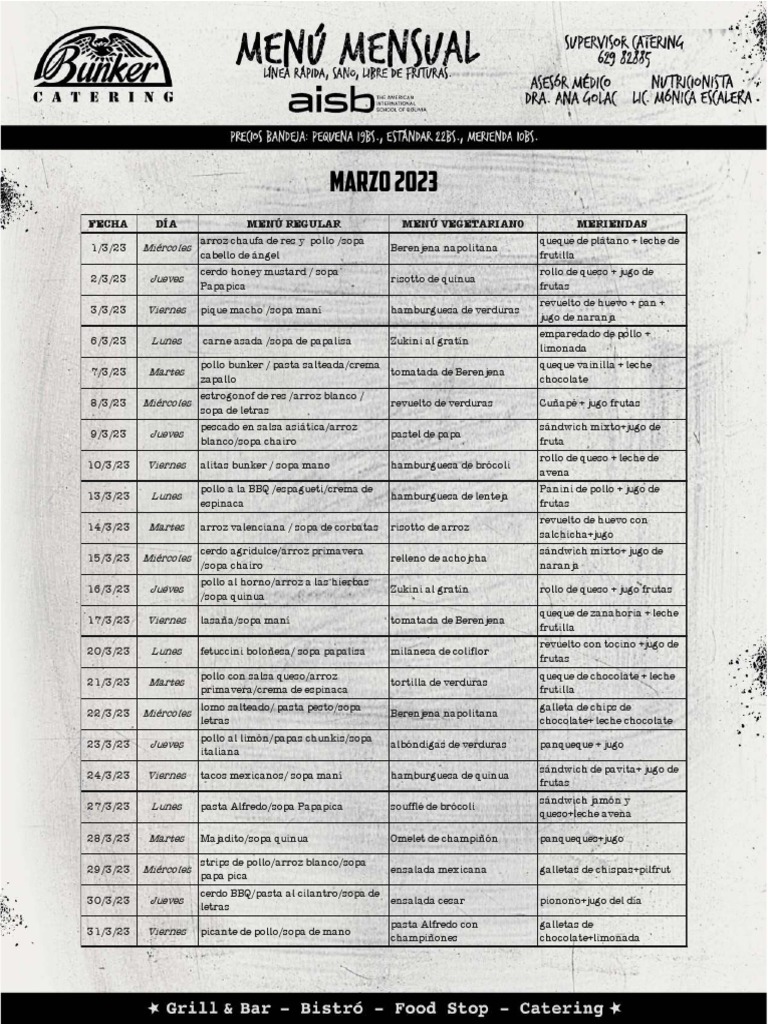 2303 AISB Bunker Catering Menú_compressed-1 | PDF | Comida y bebida | Cocina de las Americas