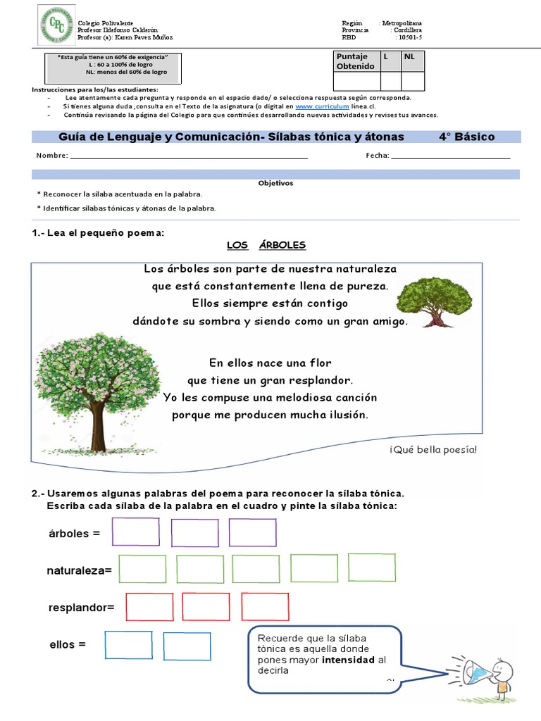 Guia Silabas Acentuacion Cuarto Basico | PDF | Artes del Lenguaje y ...