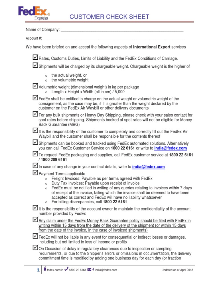 Customer Check Sheet - International Export - Updated As of Apr 2018 ...