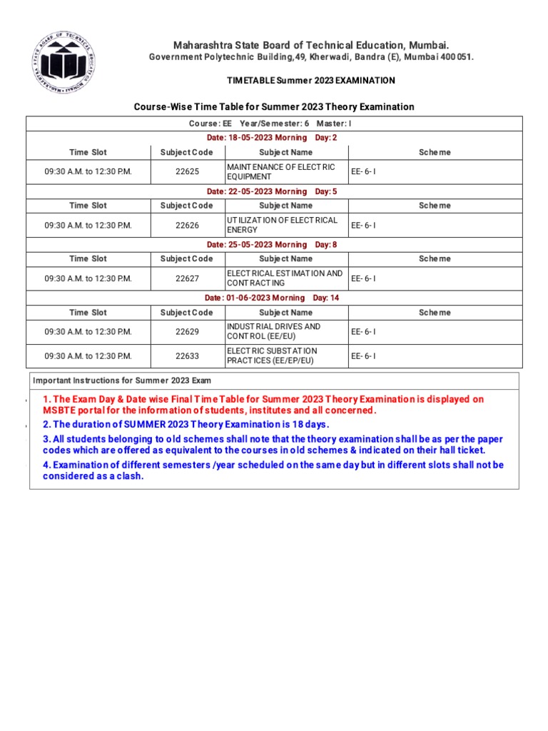 Course-Wise Time Table For Summer 2023 Theory Examination: Maharashtra State Board of Technical ...