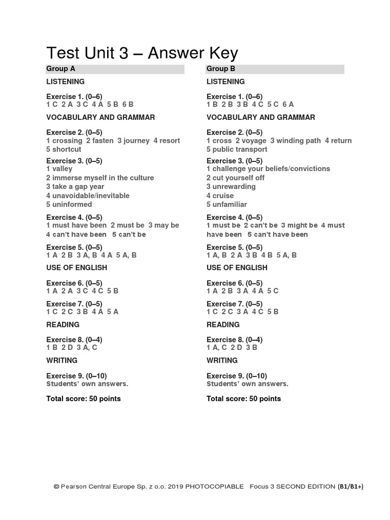 Focus3 2E Test Unit3 ANSWERS | PDF | Teaching Methods & Materials