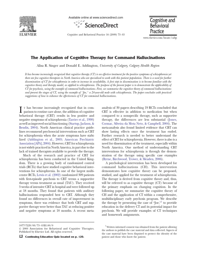 The Application of Cognitive Therapy For Command Hallucinations | PDF ...
