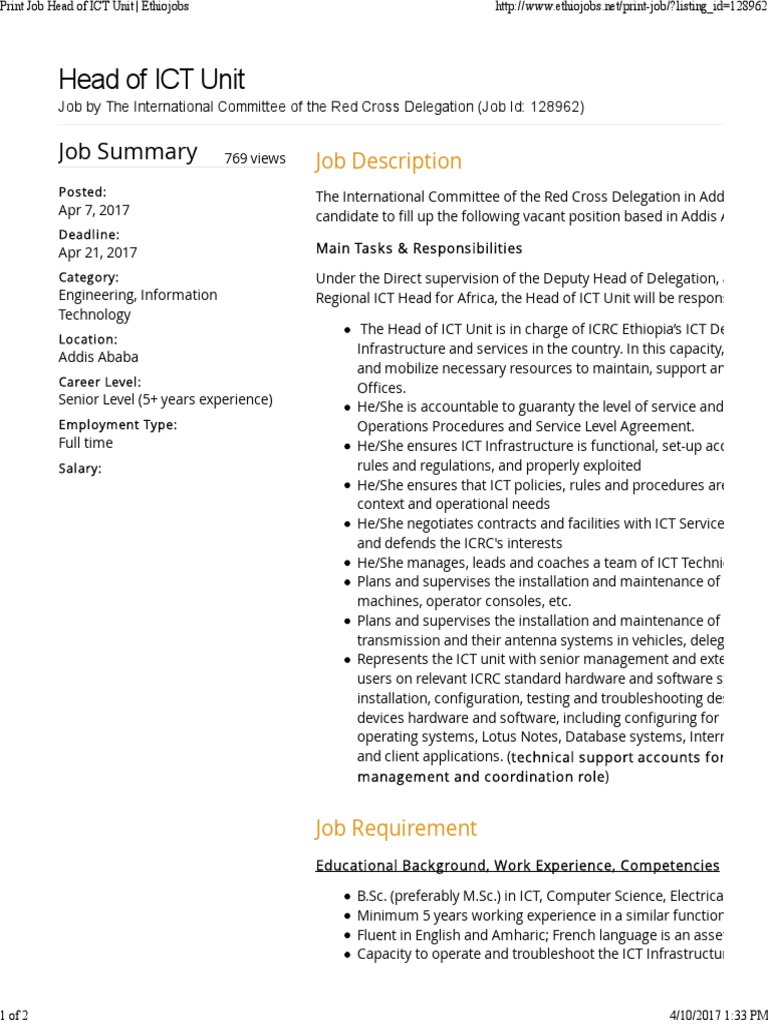 Head of ICT Unit at ICRC Ethiopia | PDF | Information And ...